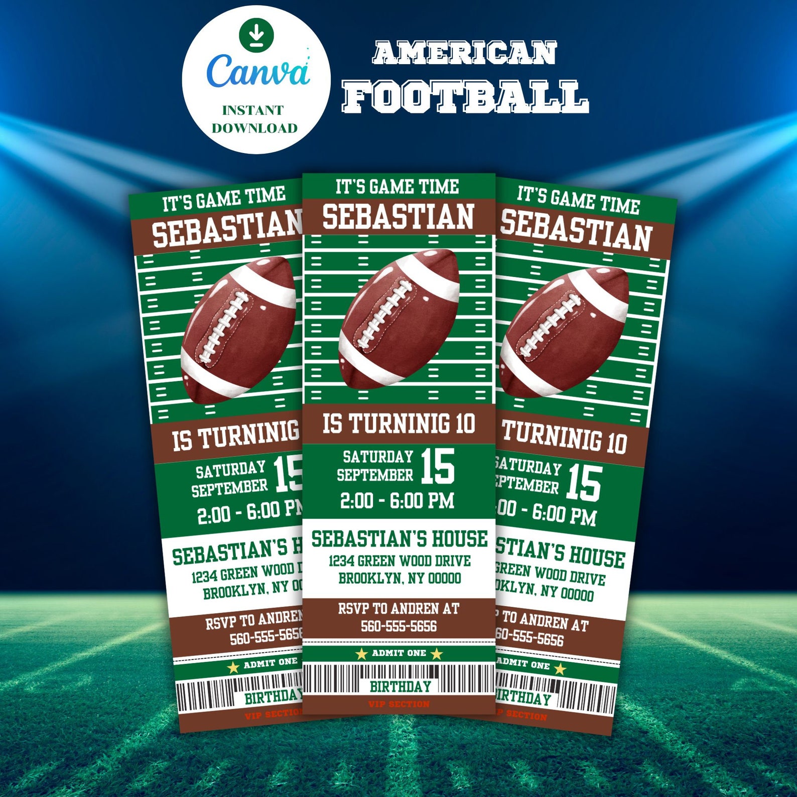 Football Invitation Birthday Sports Ticket Style Party Invite ANY Age ...