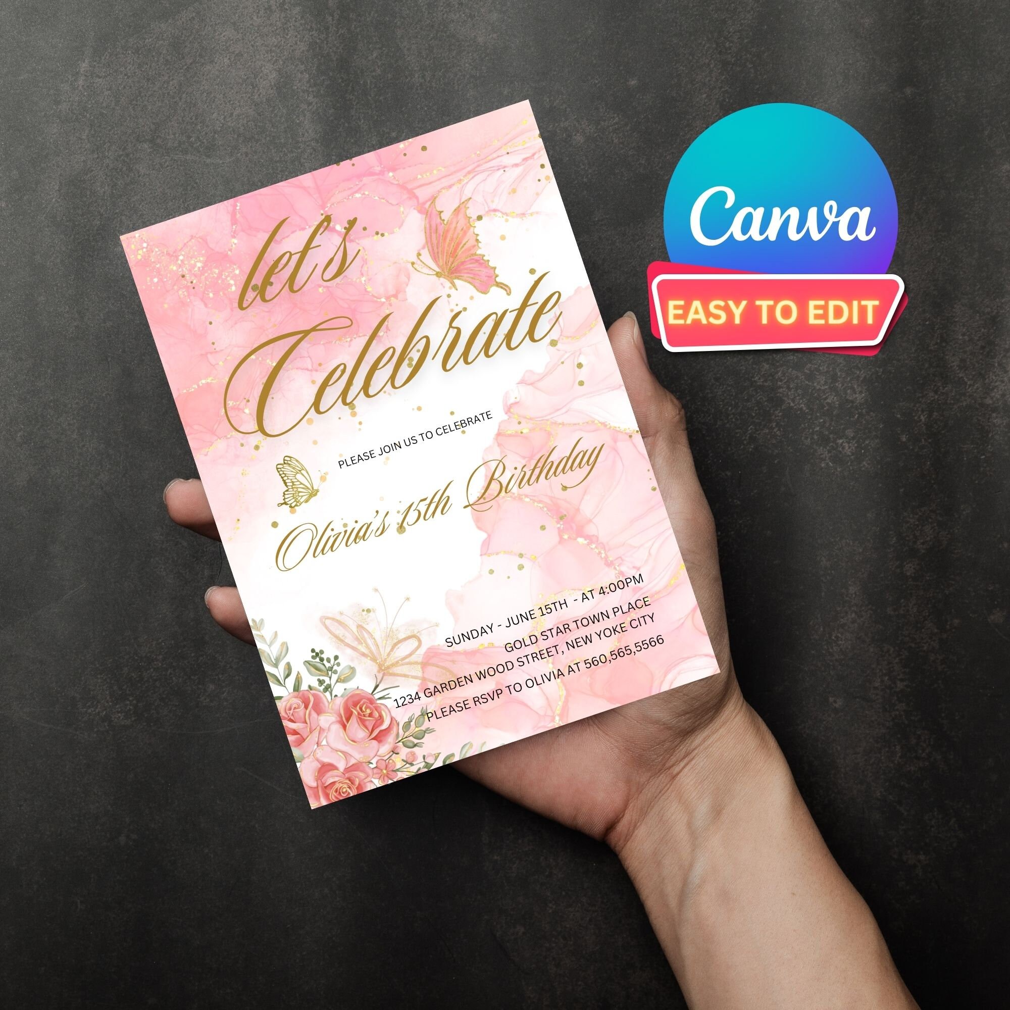 Pink Gold Let's Celebrate Invitation Template Editable Surprise ...