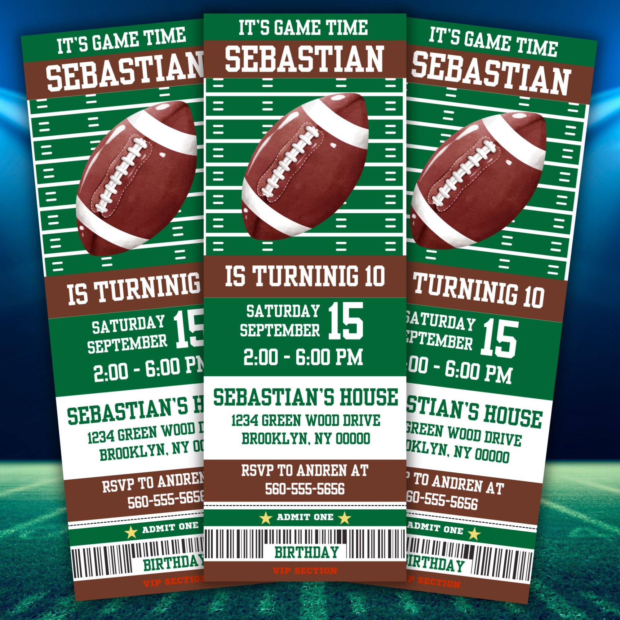 Football Invitation Birthday Sports Ticket Style Party Invite ANY Age ...