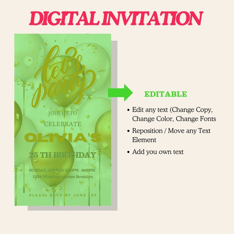 Editable Birthday Party Digital Invitation, Text Electronic White ...