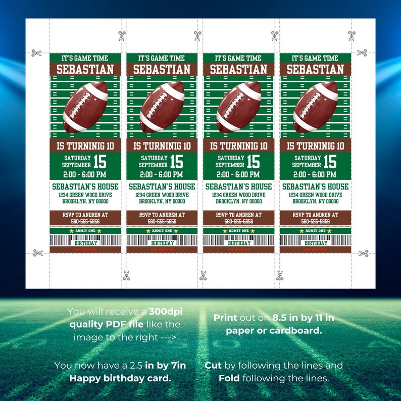 Football Invitation Birthday Sports Ticket Style Party Invite ANY Age ...