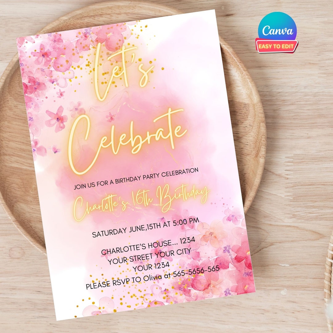 Blush Pink Let's Celebrate Invitation Template Editable Surprise ...