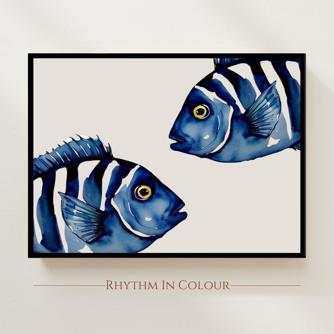 Blue Fish Minimalist Posters Coastal Wall Decor Sea Life Marine Wall ...