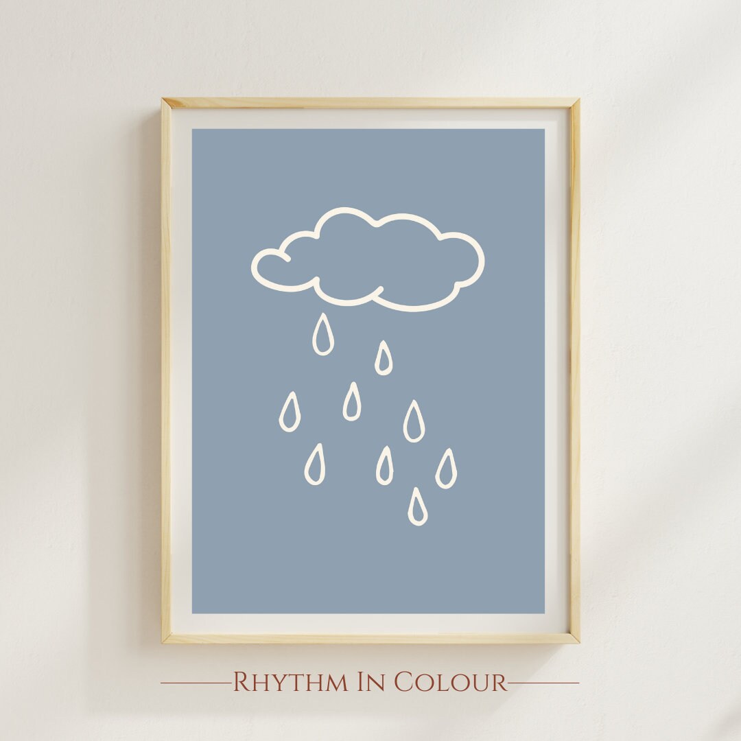 Blue Print Rain Cloud Line Art Neutral Wall Art Prints Rain Print ...