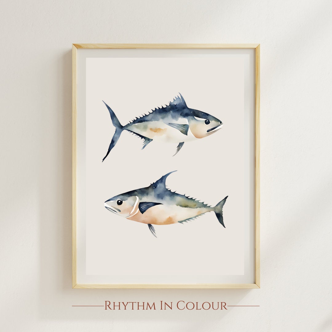 Tuna Fish Minimalist Posters Blue Coastal Wall Decor Sea Life Marine ...