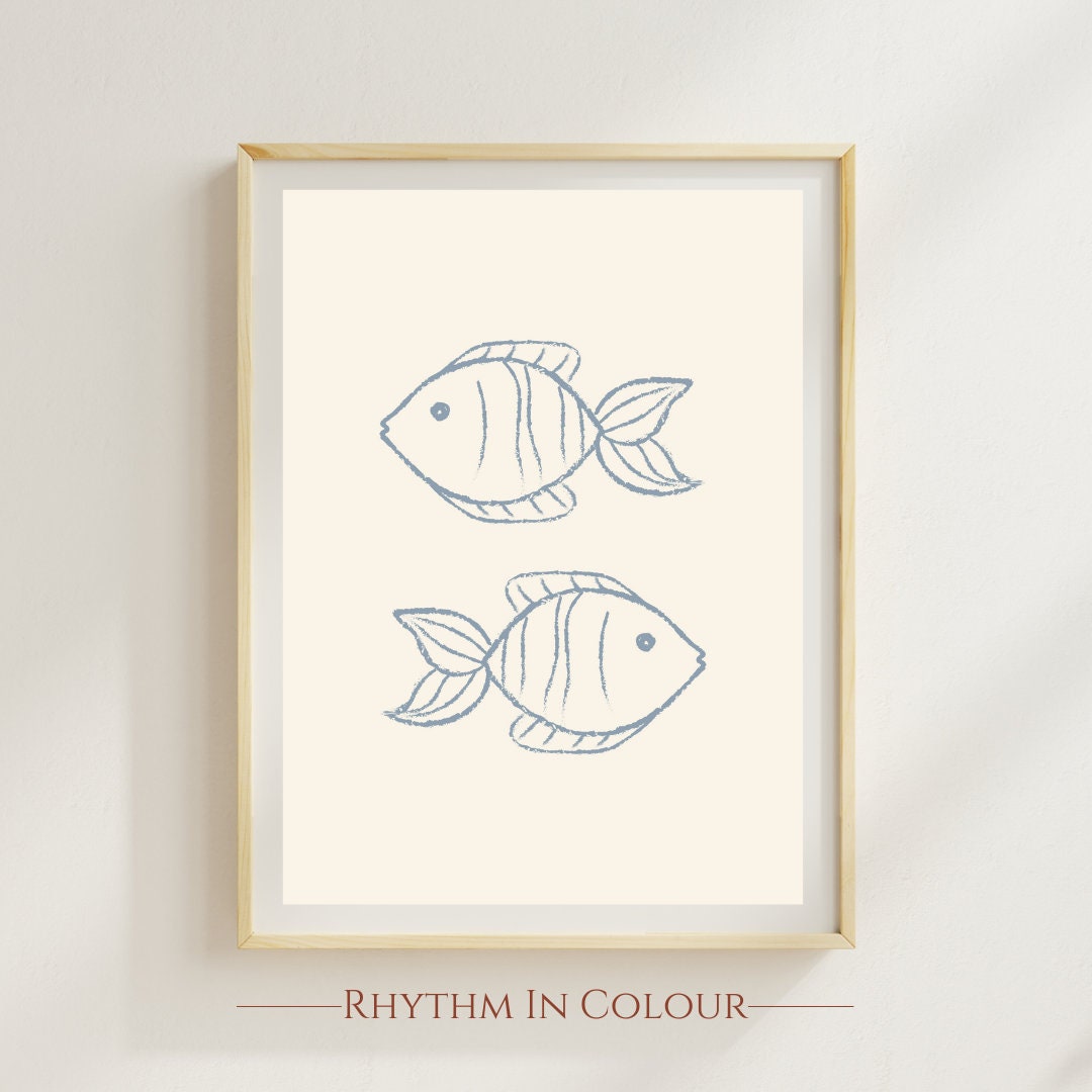 Coastal Fish Line Art Print: Beige Neutral Wall Decor - Etsy