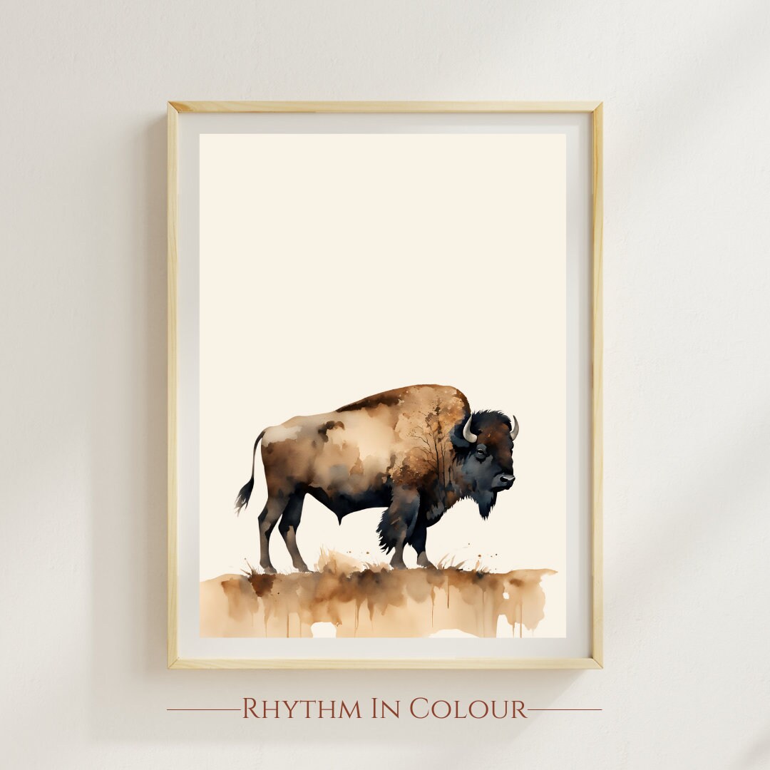 Bison Watercolor Print: Minimalist Beige Animal Wall Art - Etsy