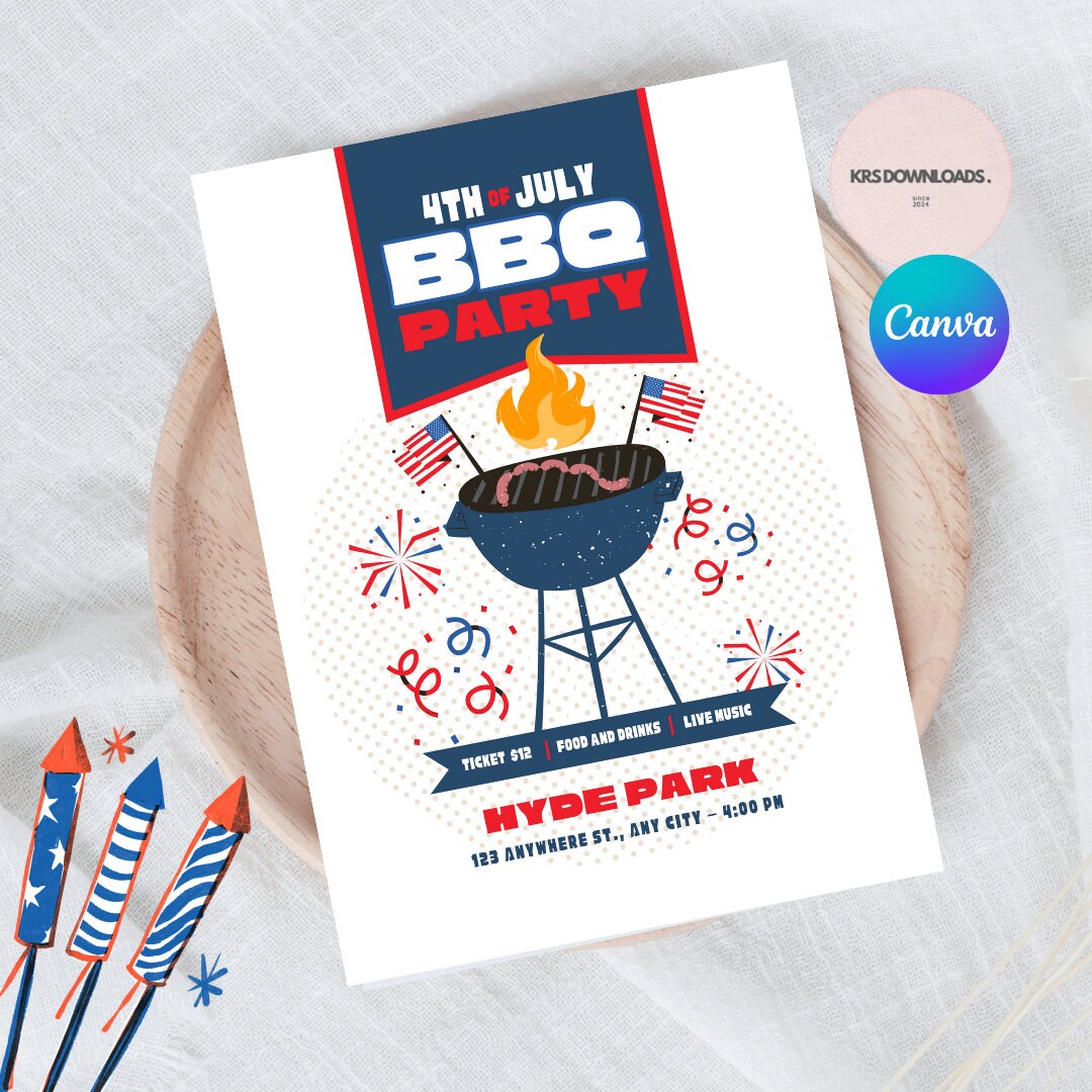 4th of July Celebration Invitation, Birthday Fireworks BBQ Party Invite ...