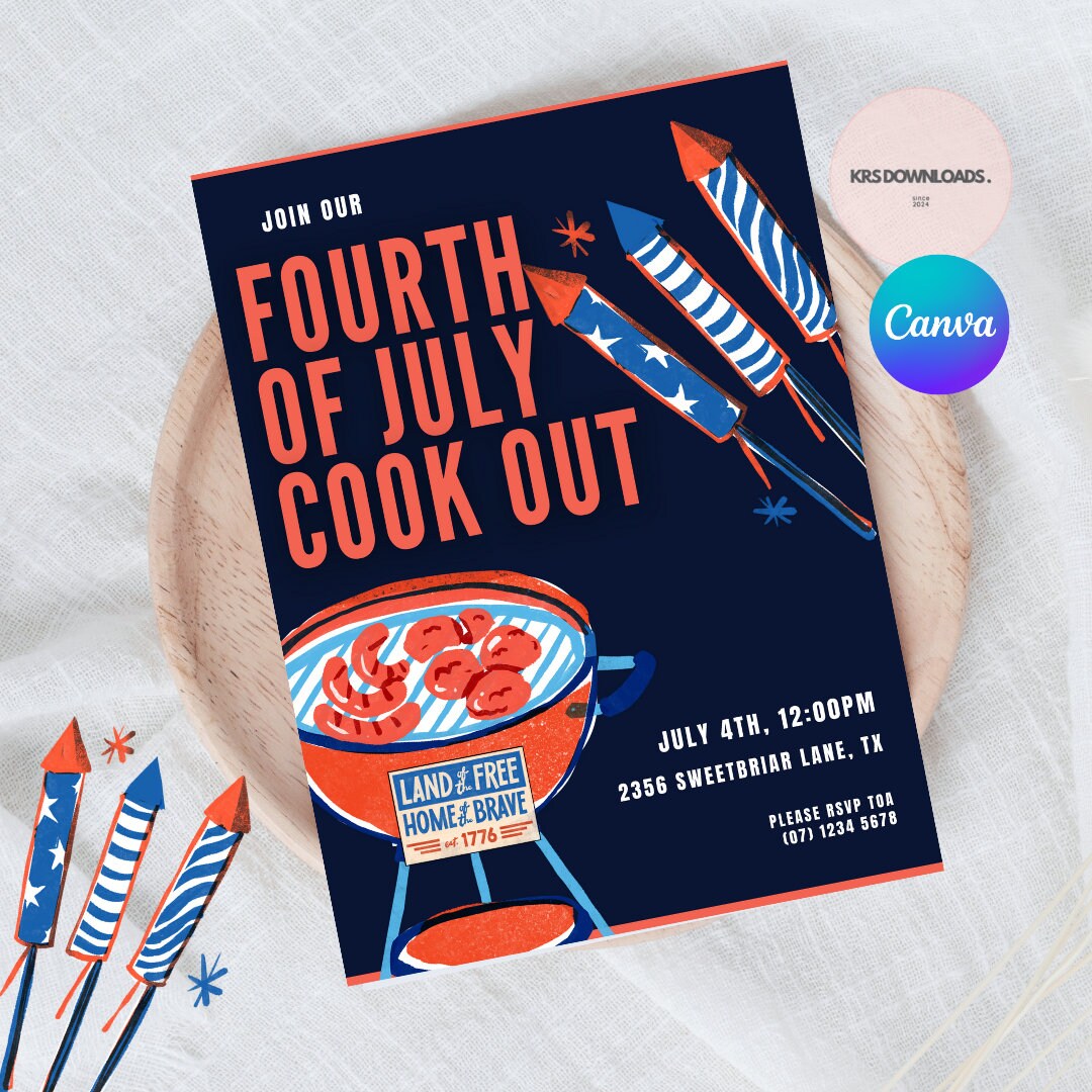 4th of July Cook Out Invitation, Birthday Fireworks BBQ Party Invite ...