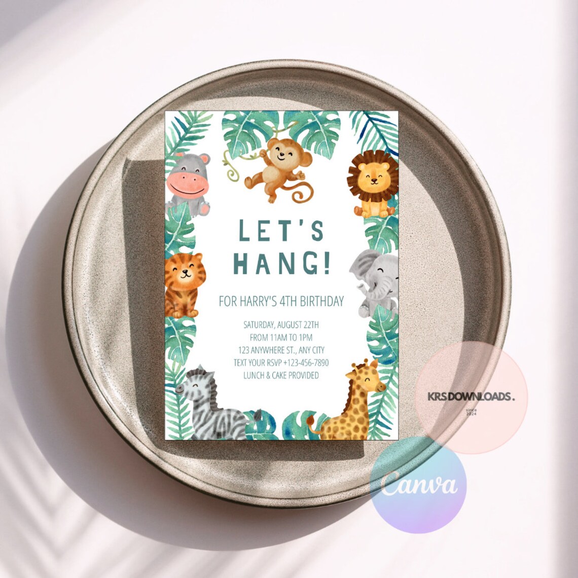 Let's Hang Jungle Safari Birthday Invitation, Kids Animal Birthday ...
