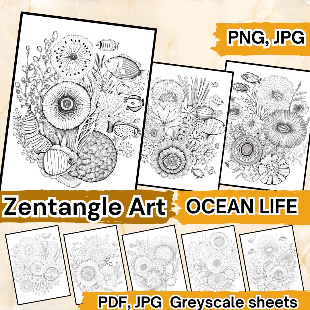 Ocean Life Zentangle Art Templates, Marine Coloring Book (digital ...