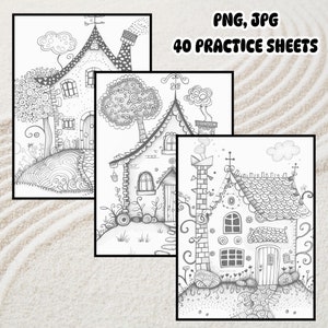 Fairy House Zentangle Coloring Pages, Practice Sheets (PDF, JPG, PNG ...