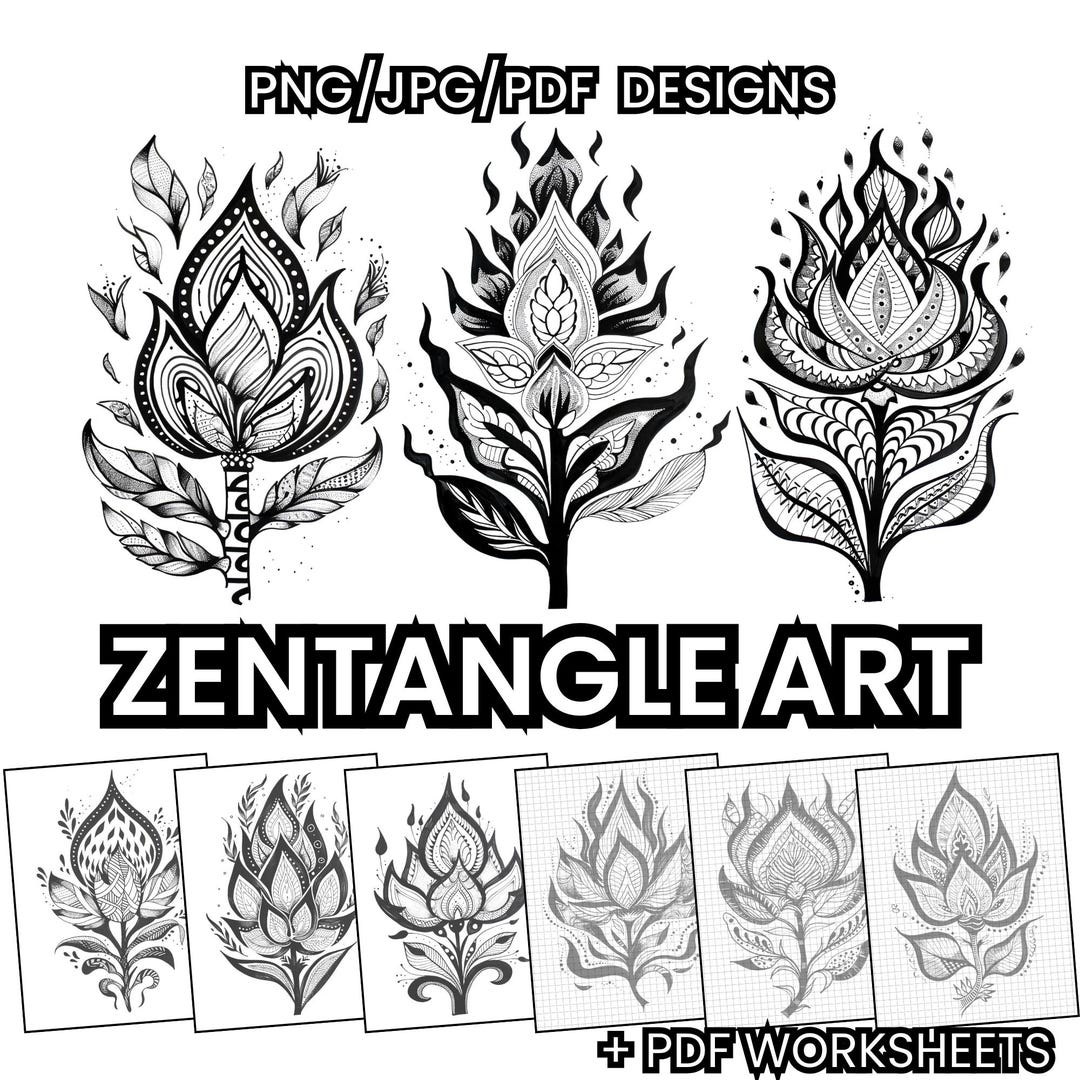 Flame Flower Zentangle Templates – 40 Floral PDF JPG PNG Worksheets ...