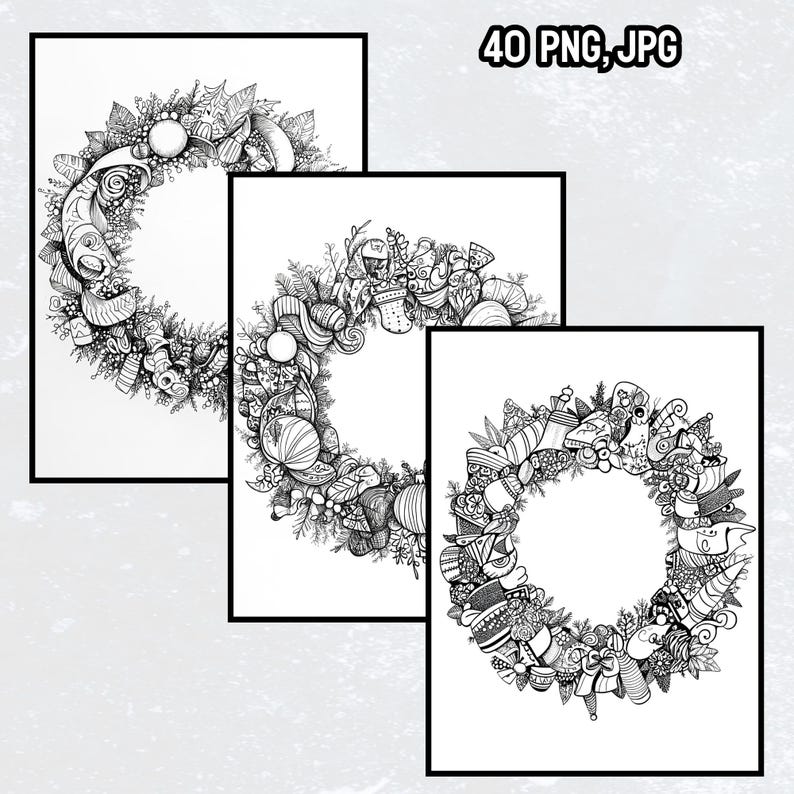 Zentangle Christmas Wreath Coloring Pages, Floral Ornaments (digital ...