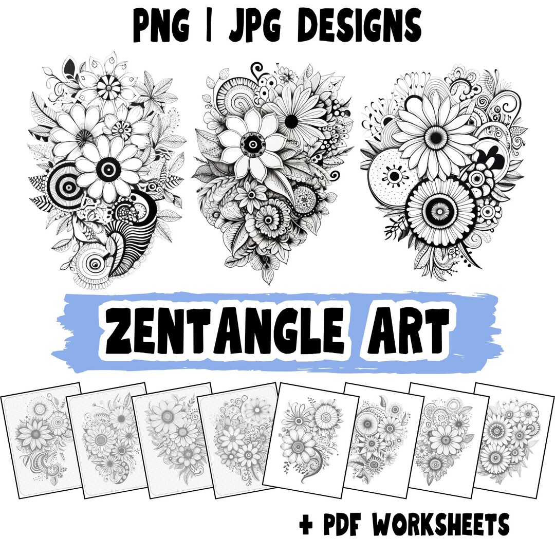 Botanical Zentangle Flower Art Kit – Greyscale Templates (instant ...