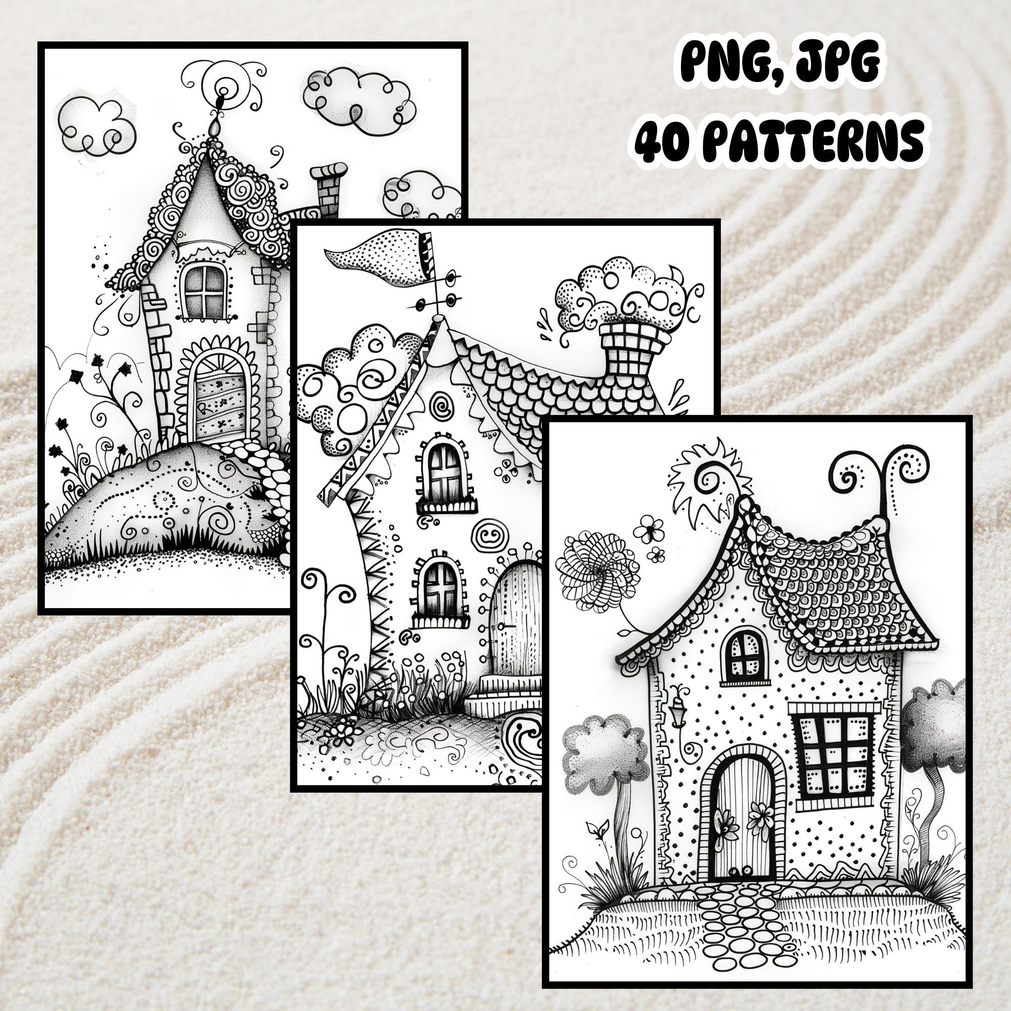 Fairy House Zentangle Coloring Pages, Practice Sheets (PDF, JPG, PNG ...
