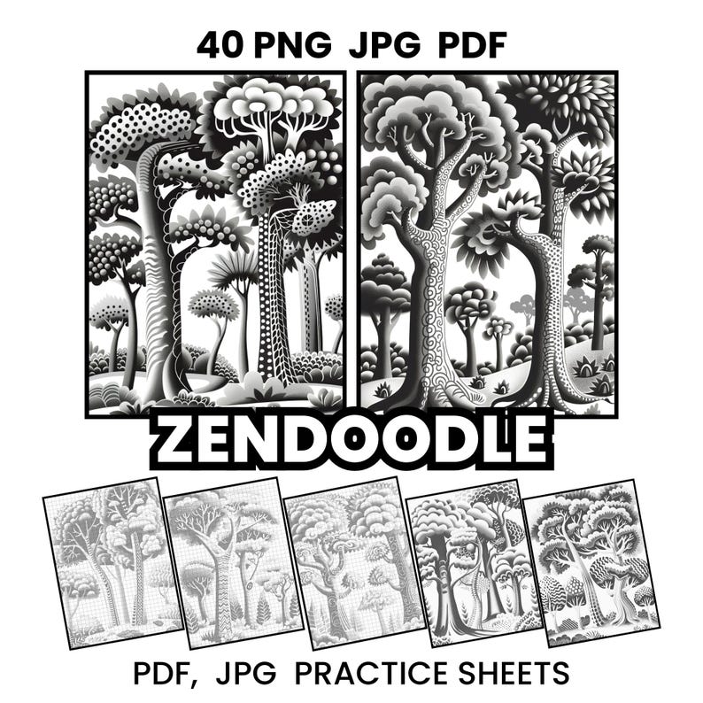 Zentangle Tree Drawing Practice Sheets | 40 PDF JPG Zendoodle Tree ...