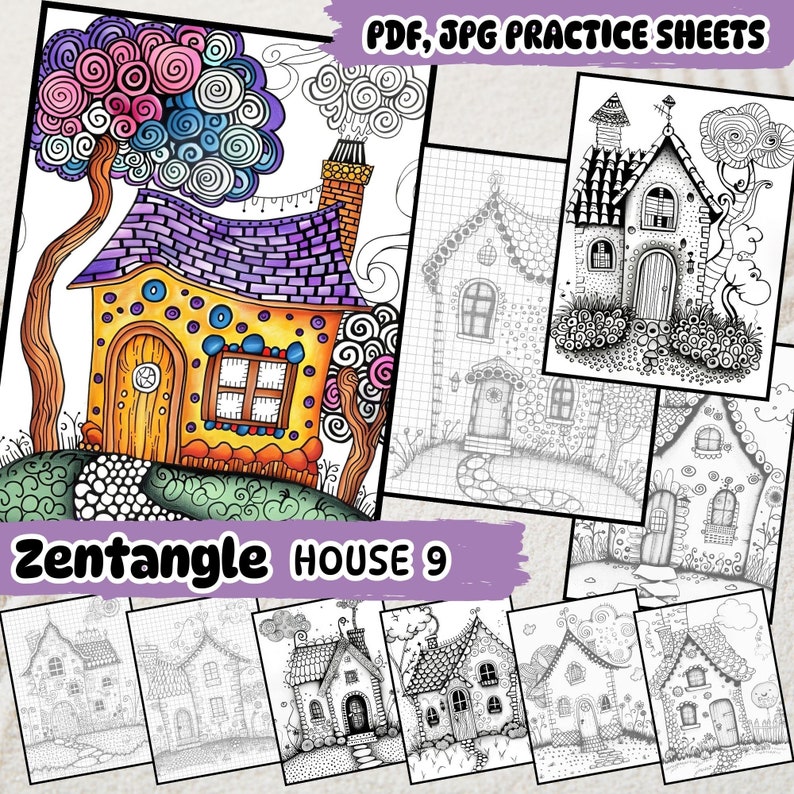 Fairy House Zentangle Coloring Pages, Practice Sheets (PDF, JPG, PNG ...