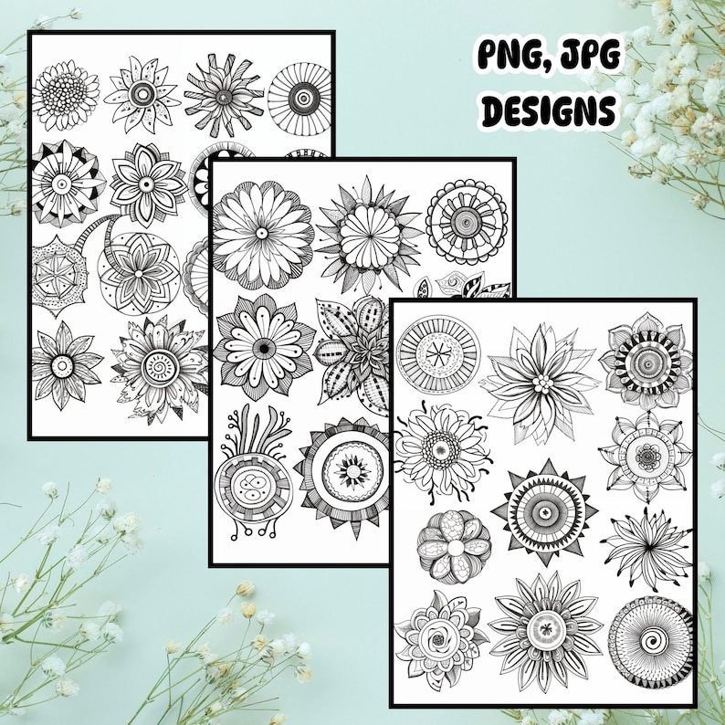 Floral Zen Doodles: Printable Patterns for Tranquil Art Therapy, Flower ...