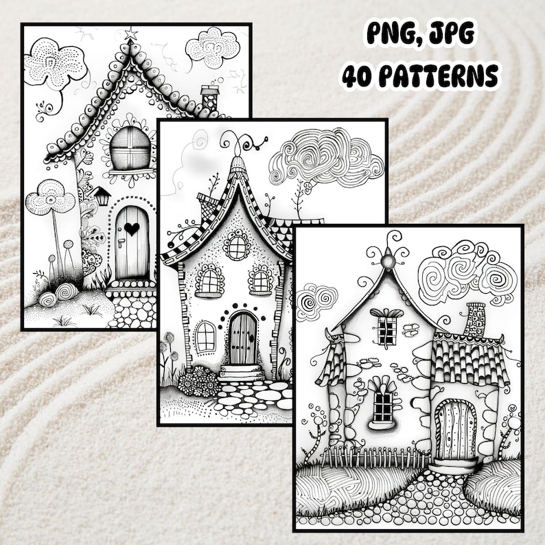 Fairy House Zentangle Coloring Pages, Practice Sheets (PDF, JPG, PNG ...