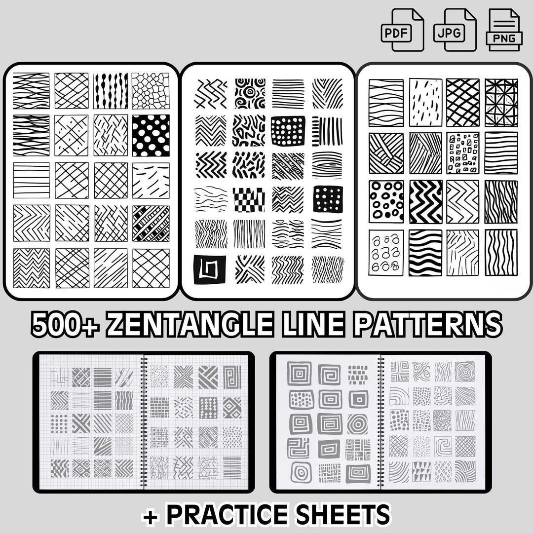 Zentangle Line Patterns, Beginner Zentangle Practice Sheets, 500 ...