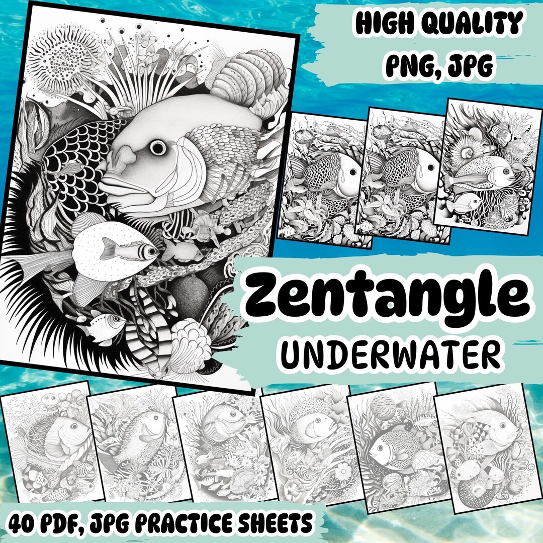 Zentangle Coloring Page, Abstract Ocean Print, Underwater Creatures ...