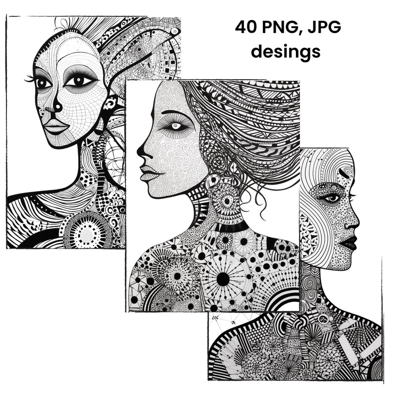 Zentangle Woman Faces Art Bundle – Adult Coloring Pages (PDF & PNG) - Etsy