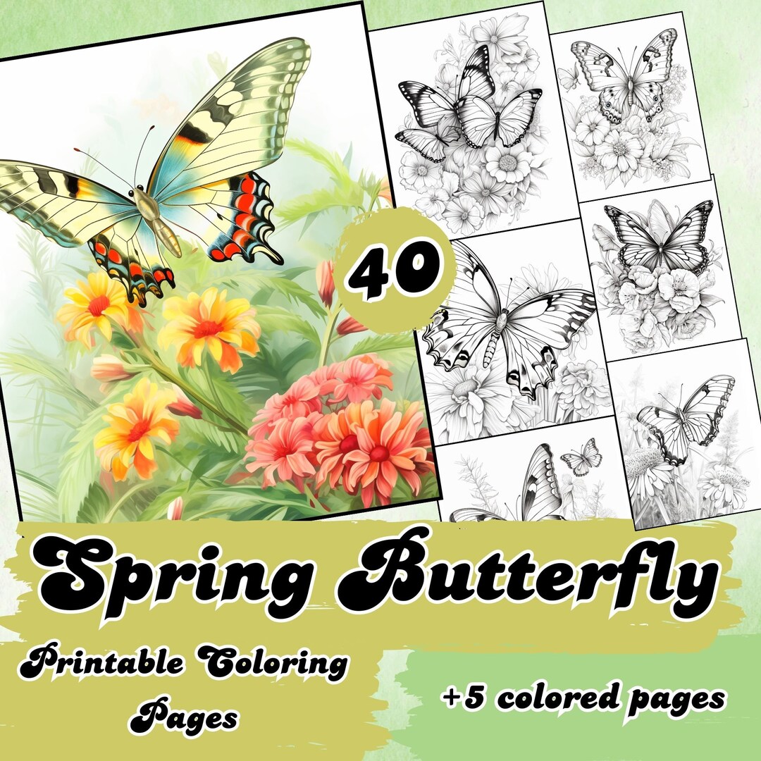 Spring Butterfly Coloring Book, Floral Art for Adults and Kids (digital ...