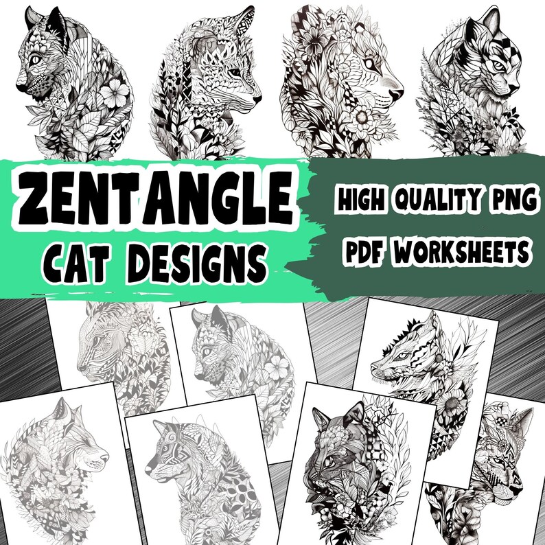 Zentangle With Cat Silhouette Designs: Comprehensive Tutorials, PNG ...