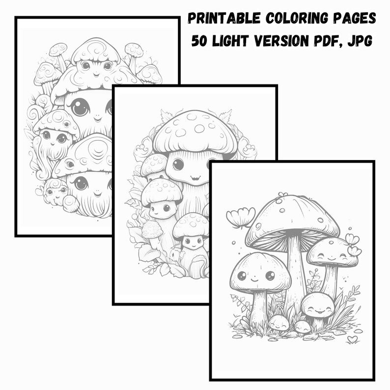 50 Kawaii Mushroom Coloring Pages – Printable Light and Dark (PDF and ...