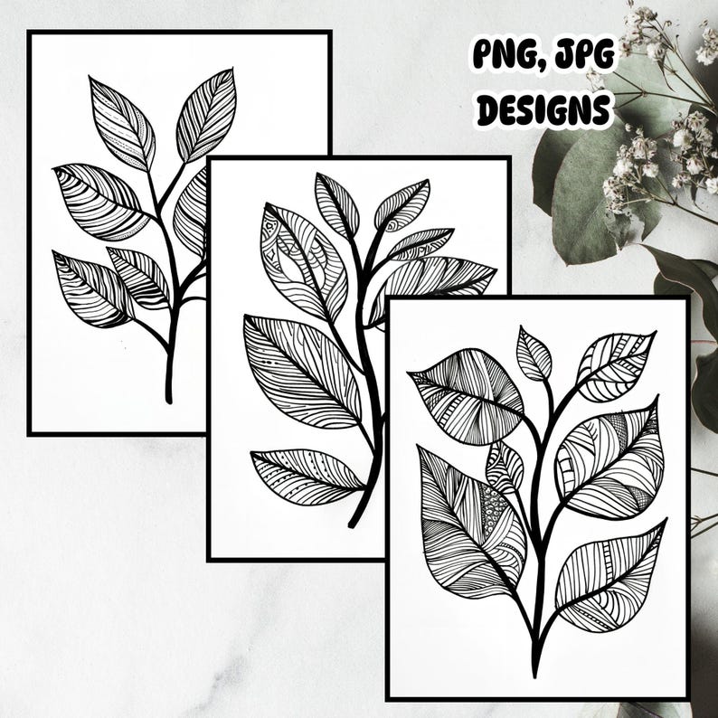 Zentangle Leaves Patterns, Large Leaves, Nature Prints, Ornaments Set ...