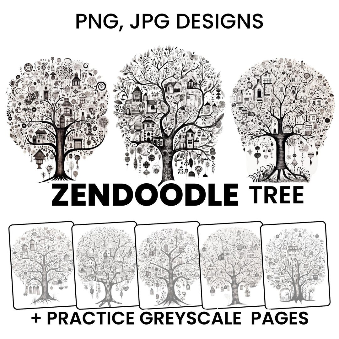 Zendoodle Tree Drawing Worksheets | PNG JPG Designs + Greyscale ...