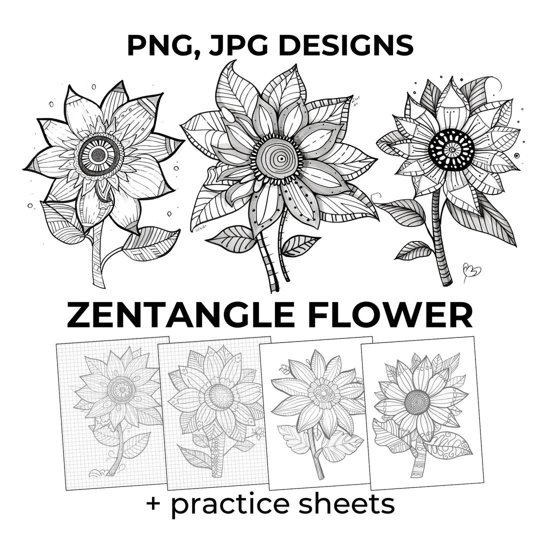 Floral Zentangle Worksheet Bundle, Flower Doodle Art (digital Download ...