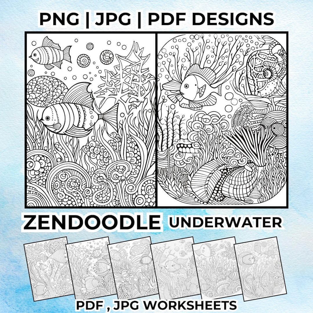 Zendoodle Underwater Worksheets | Zentangle Ocean Art Therapy Pages ...