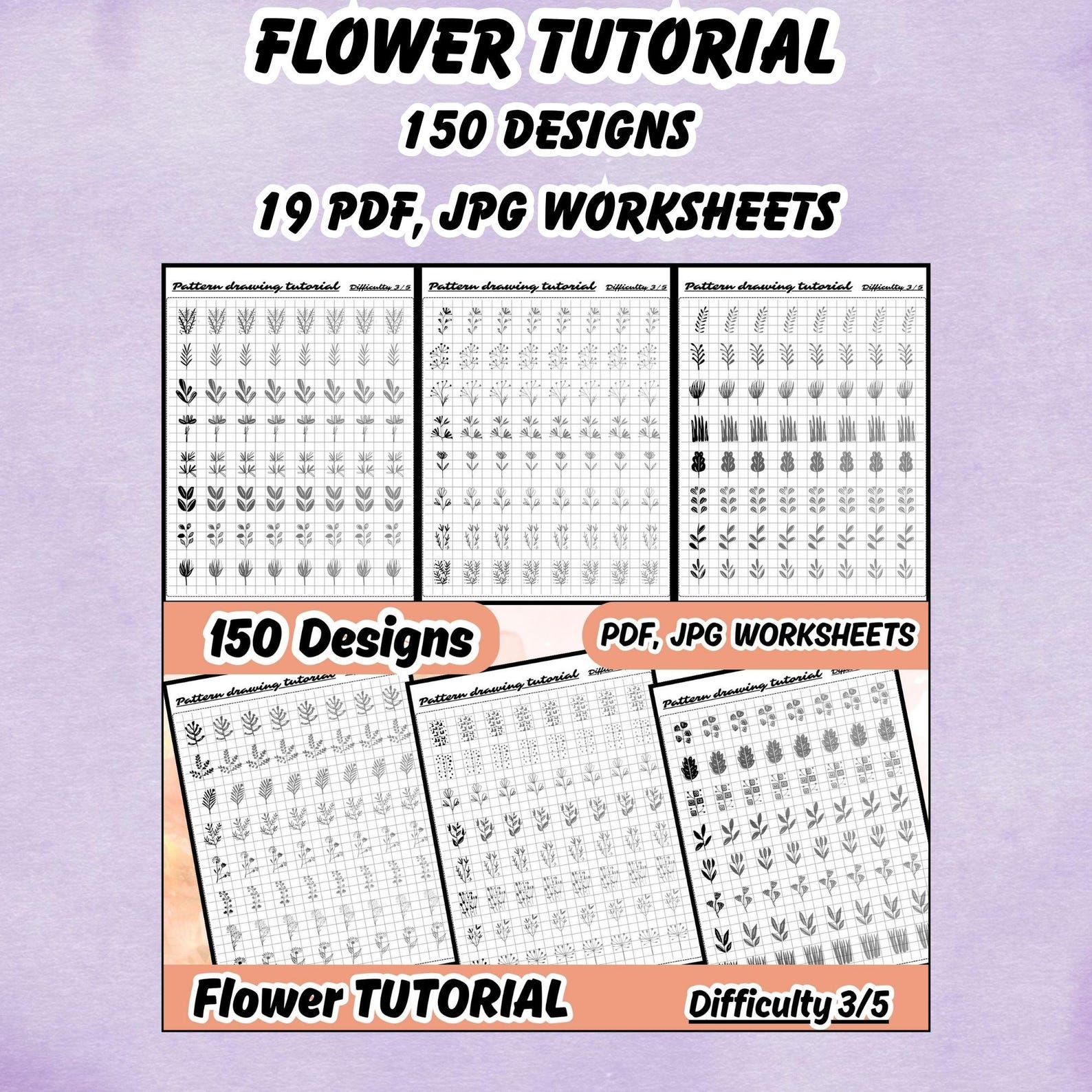 Pattern Drawing Tutorial, Drawing Guide for Beginners, Tangle Flower Designs, Training Set, Big ...
