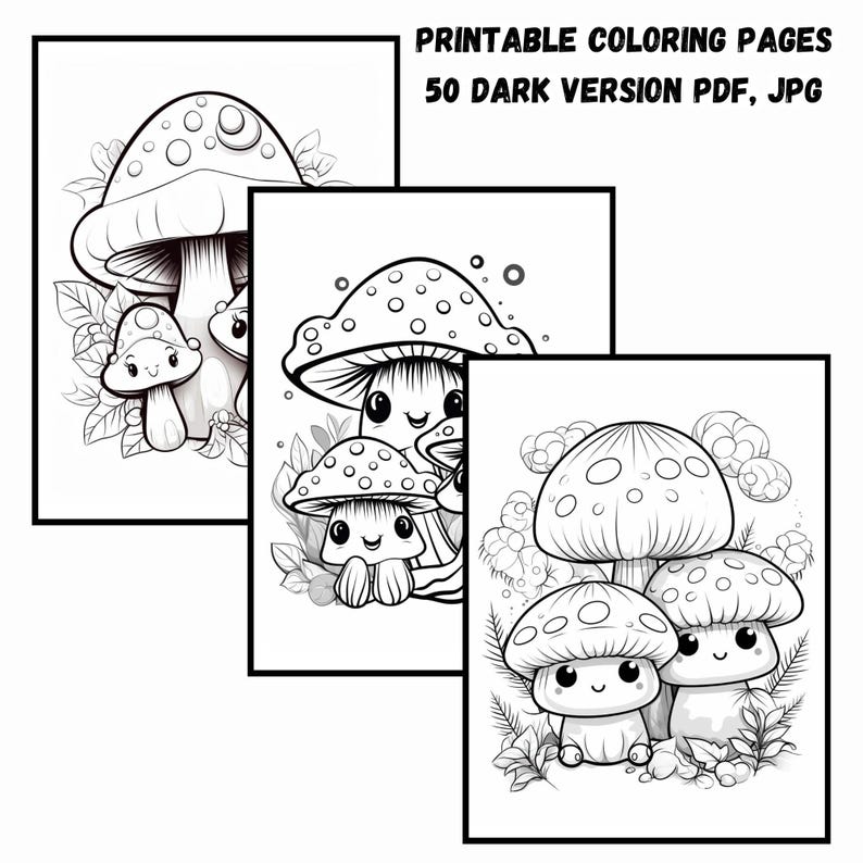 50 Kawaii Mushroom Coloring Pages – Printable Light and Dark (PDF and ...