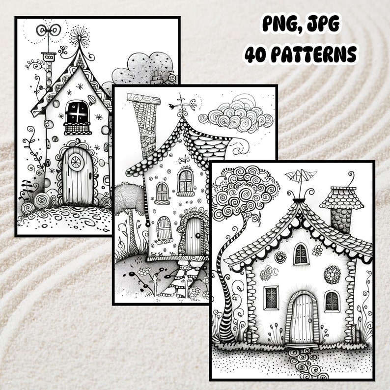 Fairy House Zentangle Coloring Pages, Practice Sheets (PDF, JPG, PNG ...