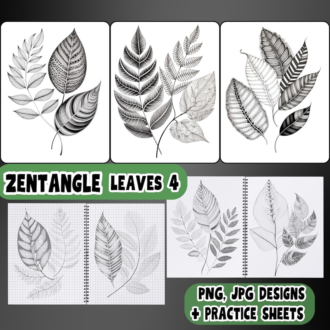 Zentangle Leaves Pattern Bundle - Coloring Page & Procreate Art, Tangle ...