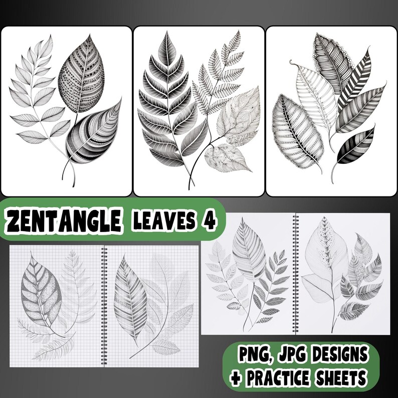Zentangle Leaves Pattern Bundle - Coloring Page & Procreate Art, Tangle ...