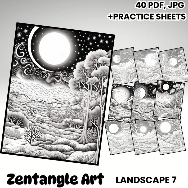 Zentangle Art Practice Sheets for Stress Relief - Mystical Moonlit ...
