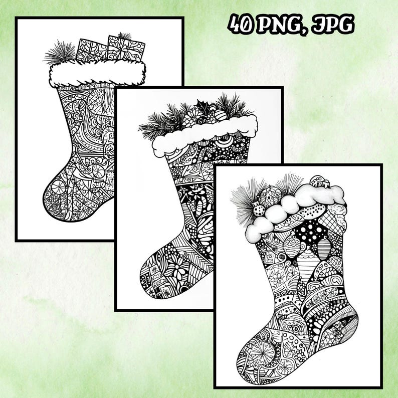Christmas Stocking Zentangle Coloring Pages, Holiday Ornaments (digital ...