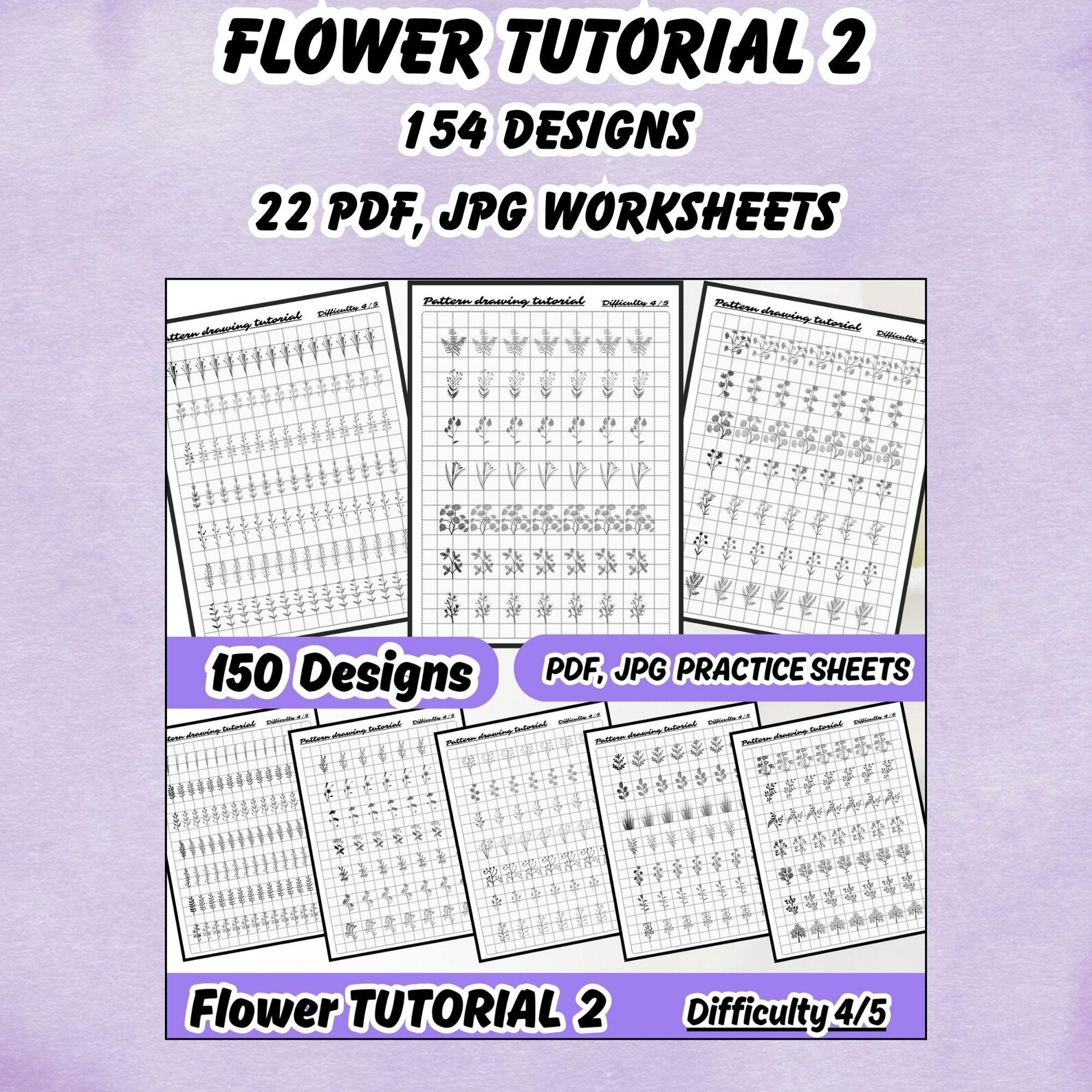 Pattern Drawing Tutorial, Drawing Guide for Beginners, Tangle Flower Designs, Training Set, Big ...