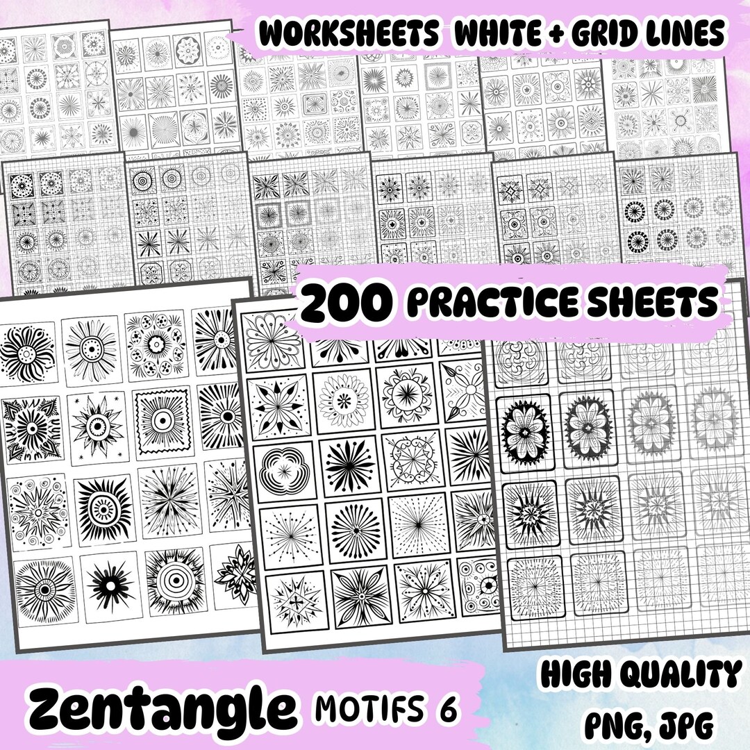 Worksheets Bundle, Zentangle Motifs Practice Sheets, Zentangle Patterns ...