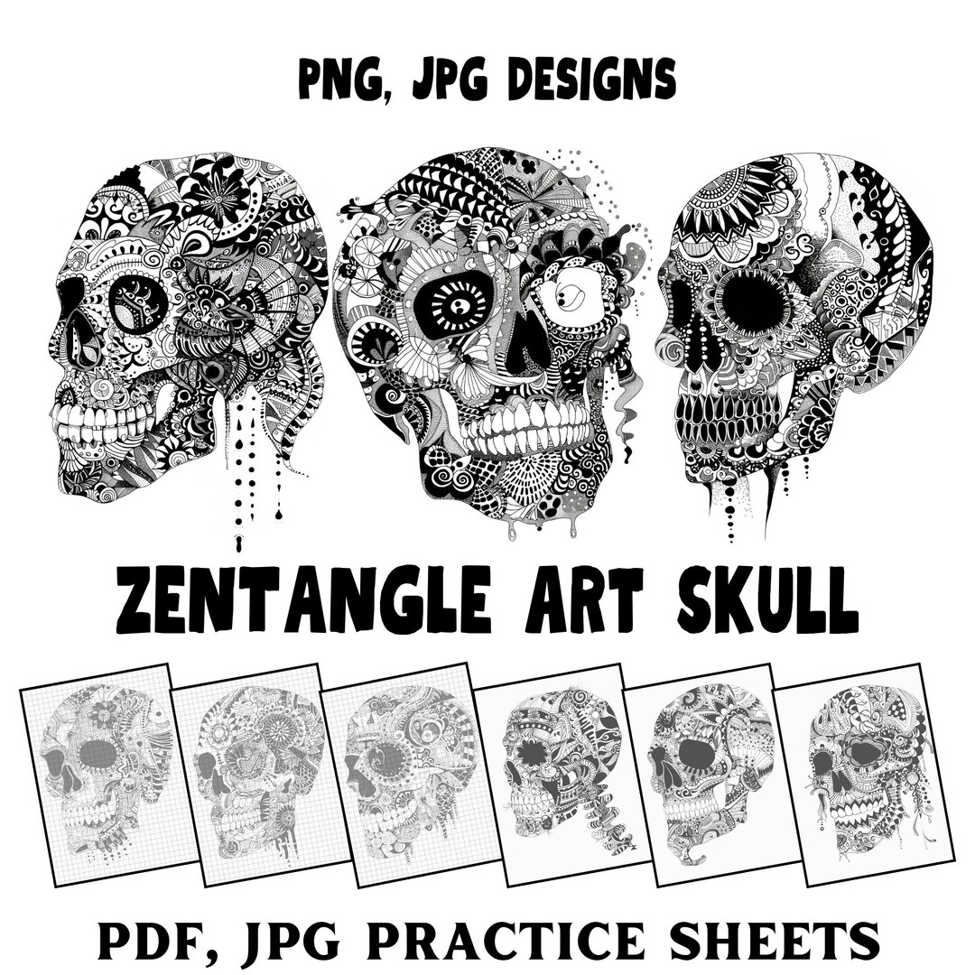 Skull Zentangle Practice Sheets | 40 PNG JPG PDF Halloween Doodle ...