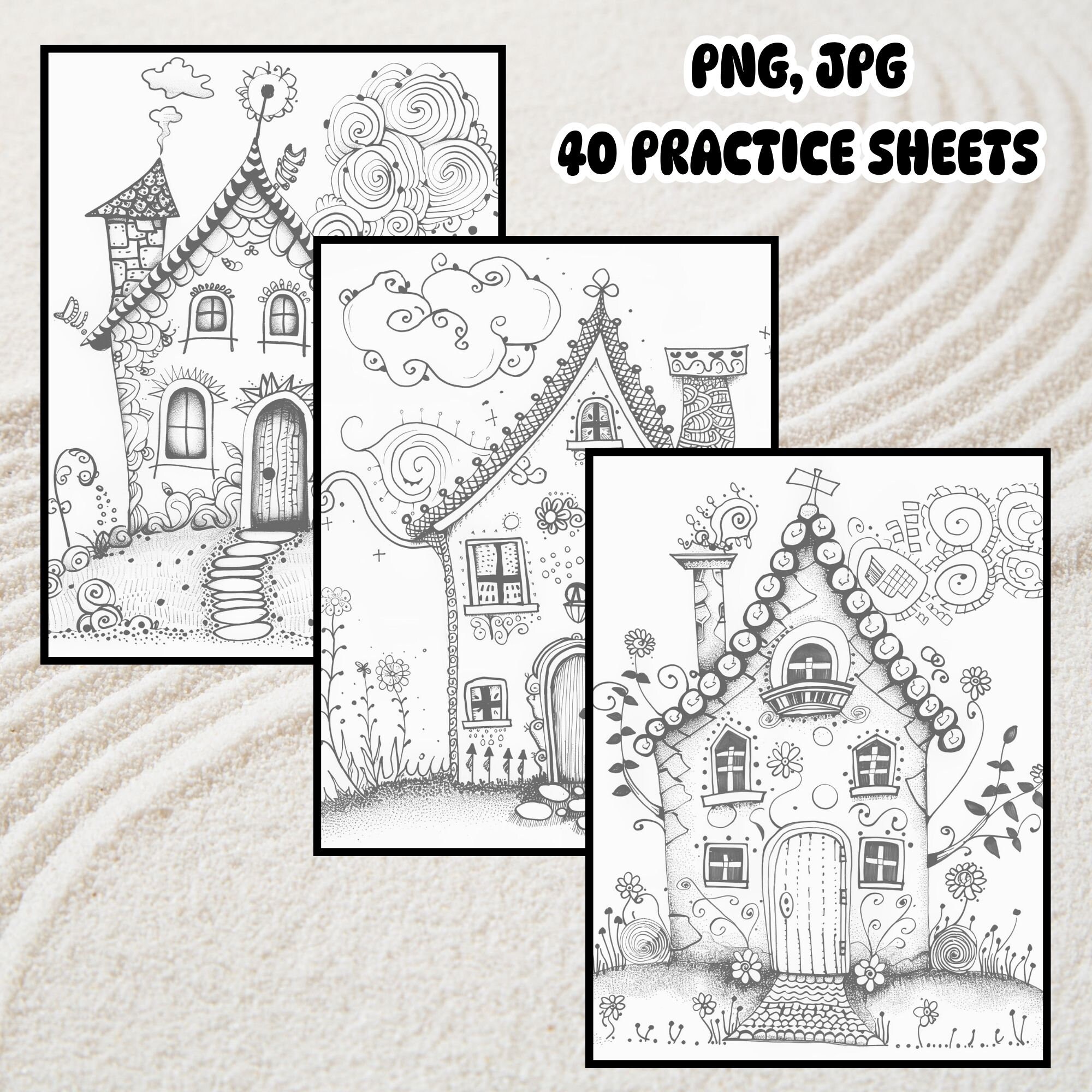 Fairy House Zentangle Coloring Pages, Practice Sheets (PDF, JPG, PNG ...