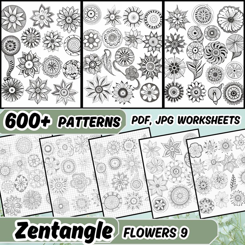 Floral Zen Doodles: Printable Patterns for Tranquil Art Therapy, Flower ...