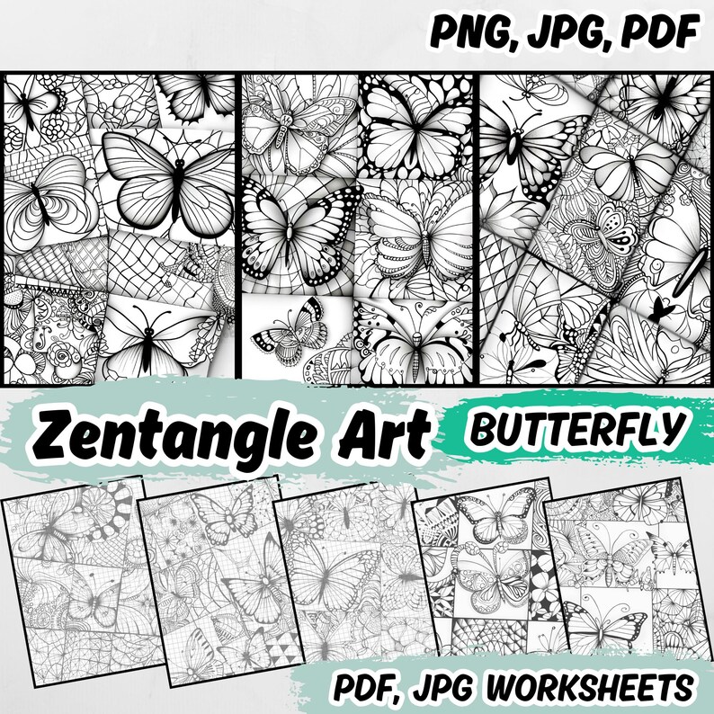 Black Butterfly Zentangle Worksheets | Adult Activity Book Pages ...