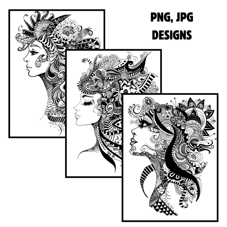 Digital Zentangle Faces & Hair Bundle – Black and White Worksheets for ...