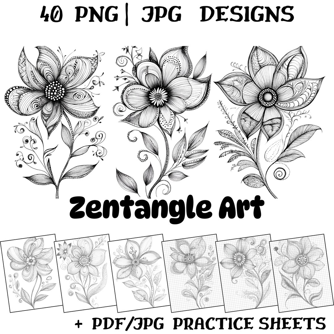 Flower Zentangle Patterns - Botanical Doodle Worksheets (digital ...