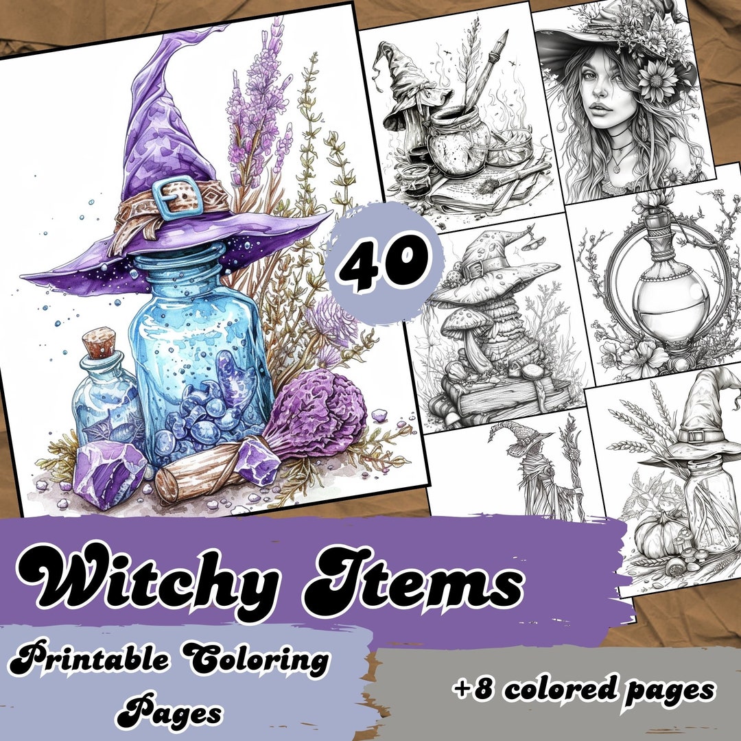 Whimsical Fantasy Witchy Items Coloring Bundle, Adult Witchcraft Book ...